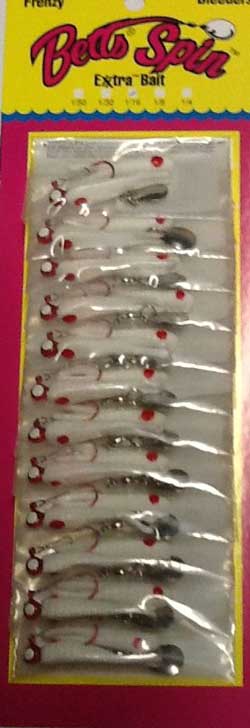 Spin 1/8 Ounce Split Tail Lure - 12 Pack - White/Red Dot | The Real Grit